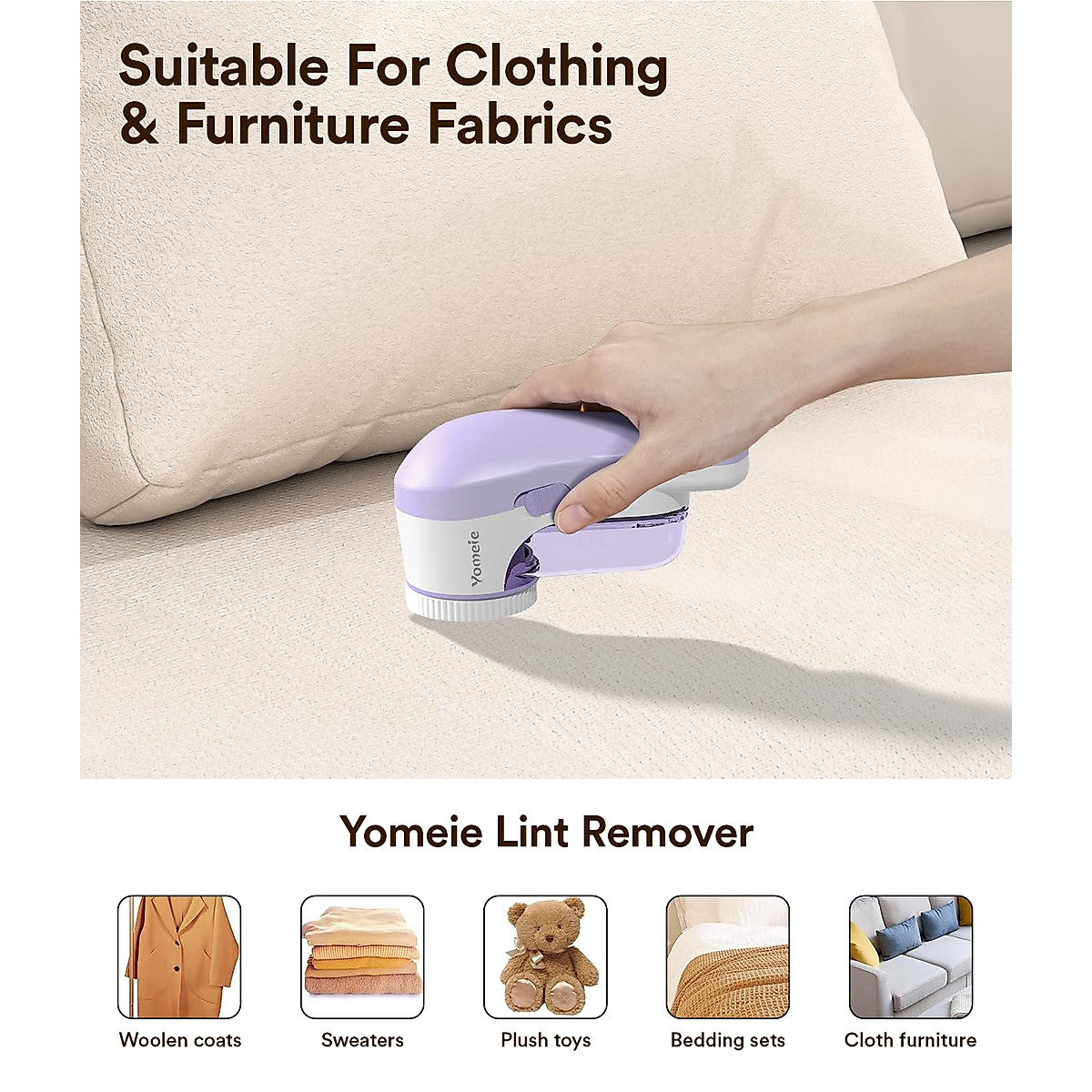 Yomeie Fabric Shaver, Rechargeable Sweater Shaver, Lint Shaver with 6-Leaf Blades, Electric Lint Remover for Clothes & Furniture, Couch Pilling Remover Depiller for Removing Fuzz, Lint, Pills, Bobbles