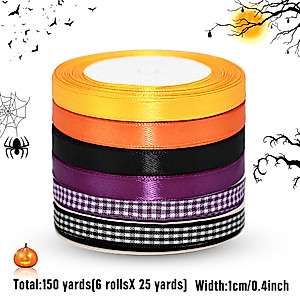 6 Rolls 150 Yards Halloween Ribbons 10mm Wide Holiday Gift Wrapping Satin Ribbon for Halloween Party Decoration, DIY Bows Crafts
