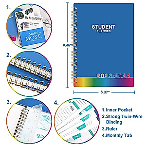 Student Planner 2023-2024 - 2023-2024 School Planner with Stickers, July 2023 - June 2024, 6.3" x 8.4", Academic Monthly & Weekly Planner/Agenda, Thick Paper + Holidays + Twin-Wire Binding - Blue