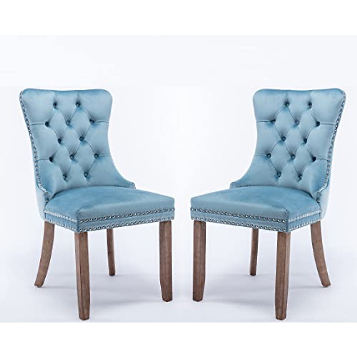 Winwee Set of 2 Dining Chairs Leisure Padded Chair, Tufted Solid Wood Velvet Upholstered Dining Chair with Nailhead Trim& Ring Pull for Kitchen, Living Room (Light Blue)