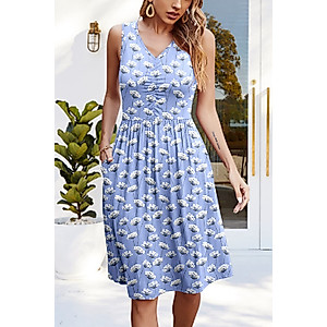 NILOUFO Womans Casual Summer Dresses Sleeveless Empire Waist Ladies Dress with Pockets (A:Dandelion Blue, Small)
