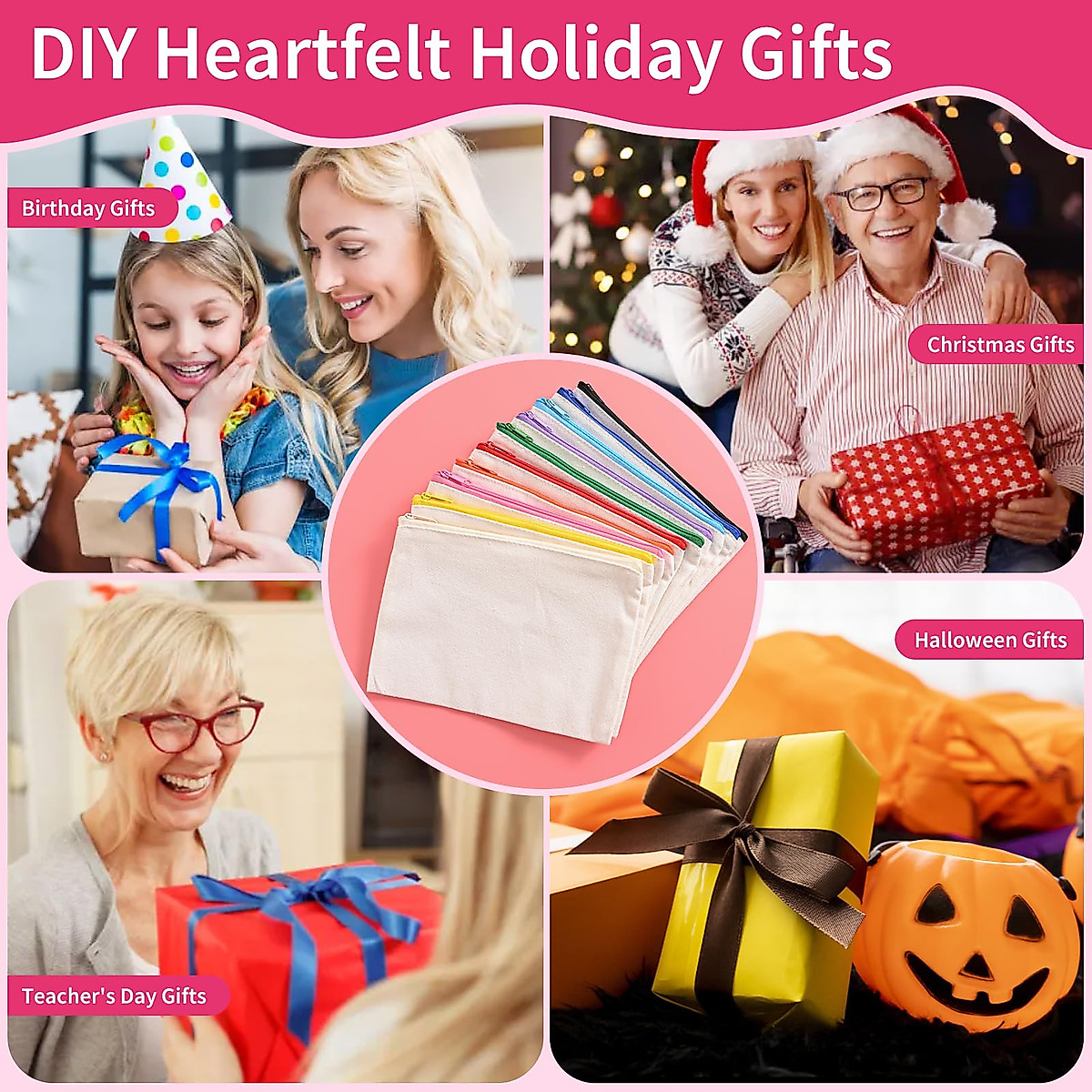 50Pcs Canvas Makeup Bags Bulk, 7.87 x 5.7 Inch Cotton Sublimation Blank DIY Heat Transfer Cosmetic Makeup Bag w/Colorful Zipper for Bridesmaid Makeup Bag Travel Toiletry Pouch Storage, Christmas Craft