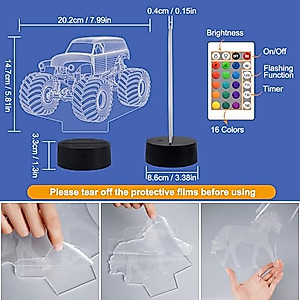 FULLOSUN Monster Truck Gifts, Car, Dirt Bike 3D Night Light for Kids (4 Patterns) with Remote Control & 16 Colors Changing & Dimmable Function & Gift Wrap, Xmas Birthday Gifts for Boy Girl (KIT1)