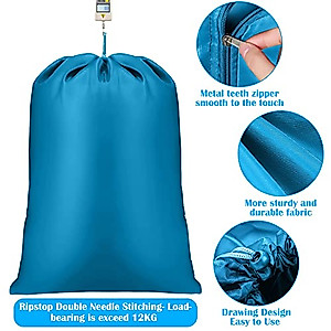 2 Pieces Travel Laundry Bag Small Dirty Clothes Bags for Traveling Lightweight and Expandable Laundry Bag for Suitcase with Zipper and Drawstring Nylon (Blue, Gray, Classical Pattern)