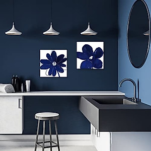 Creoate Navy Blue Wall Art for Bathroom Decor, 2 Pieces Abstract Flower Painting Canvas Print Artwork Framed Set Blue and white Wall Decor for Bedroom…
