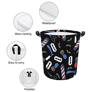 TsyTma Barbershop Laundry Basket Brush Razor Small Laundry Hamper Collapsible Clothes Hamper with Handles Round Toy Organizer Bin for Kid's Room Office Nursery Hamper Home Decor