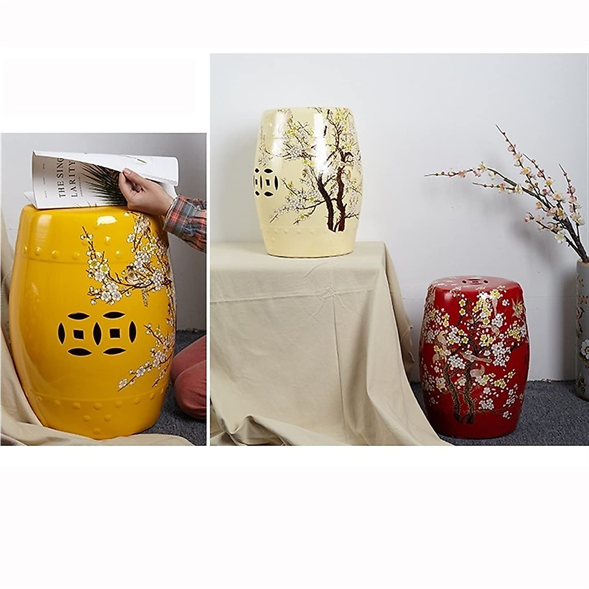 ANNESA Garden Decorative Stool, Ceramic Circular Glazed Pattern is Suitable for Garden, Courtyard, Lawn Drum Stool