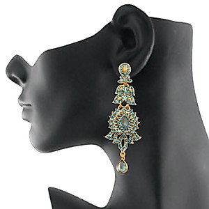 Touchstone Hollywood Glamour Oscar Collection Extra Long Chandelier Earrings, Indian Paisley Motif Filigree Turquoise Blue Rhinestones, Designer Bridal Jewelry, Antique Gold Tone