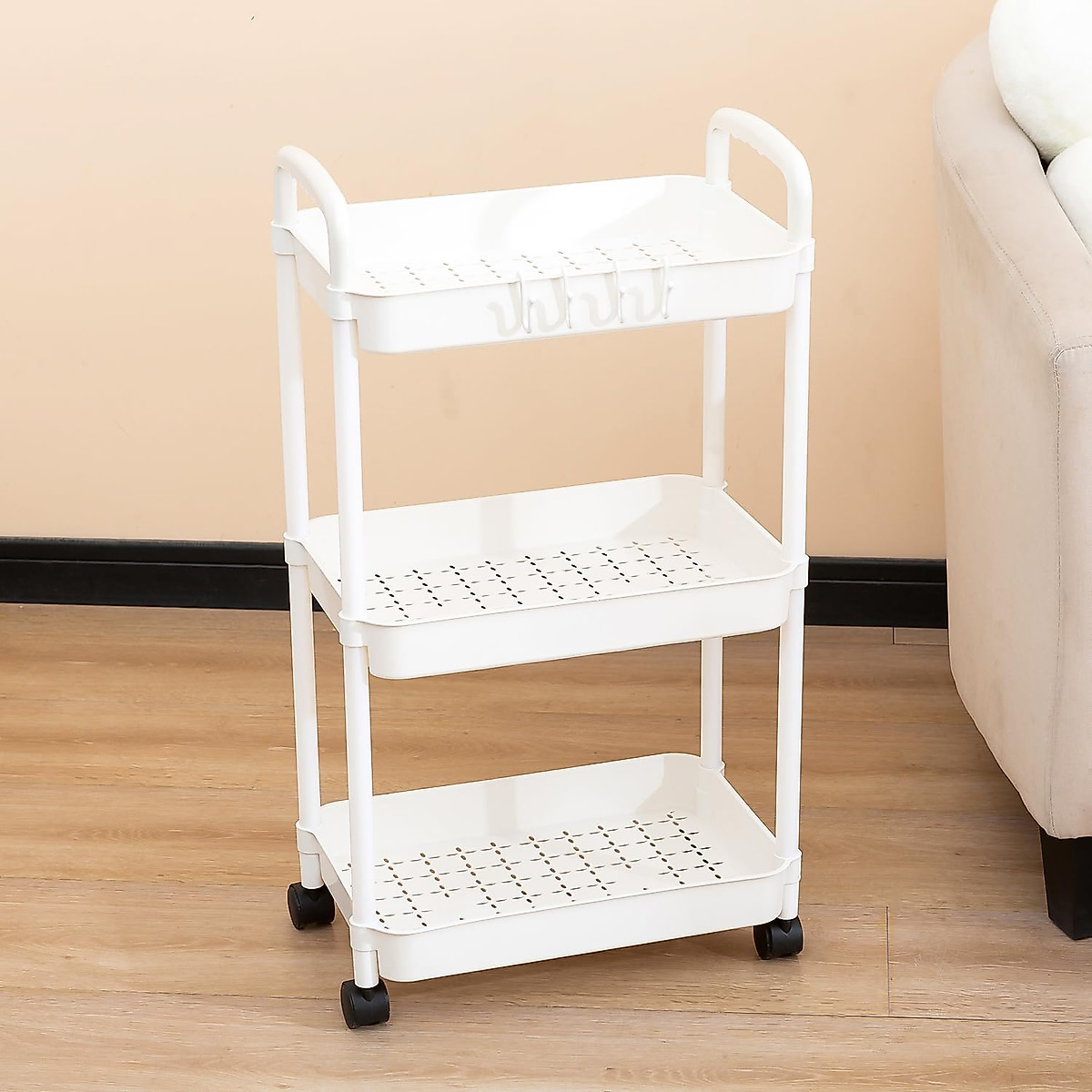 Gagee 3 Tier Rolling Cart with Wheels and Handle,Rolling Storage Cart for Office, Living Room, Laundry Room,Kitchen,Bathroom,White
