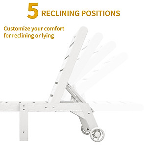 DWVO Patio Chaise Lounge Chair, HIPS Material Outdoor Lounger Recliner with Wheel, Beach Pool Sunbathing Lawn Lounger Recliner Chair with 5 Positions for All Weather, White