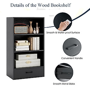 Giantex 4 Tier Bookcase with Drawer, 42.5" Tall Floor Standing Organizer Display Storage Shelves with Anti-toppling Device, Wood Open Shelf Bookshelf for Kids Room, Living Room, Study, Black