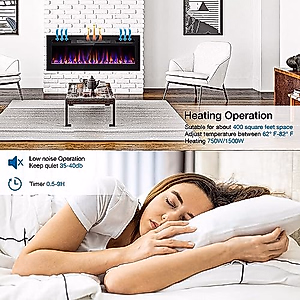 50 Inch Electric Fireplace Recessed and Wall Mounted, Fireplace Heater and Linear Fireplace, Ultra-Thin Electric Fireplace, Low Noise, with Timer, Remote Control, Adjustable 12 Flame Color, 750/1500W