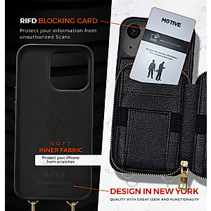 MOTIVE for iPhone 14 Wallet Case, Designed in New York, Crossbody Phone Case for Apple iPhone 14, Zipper Purse Case Wallet with RFID Blocking Card Holder | 6.1" Color Black - Fancy Series