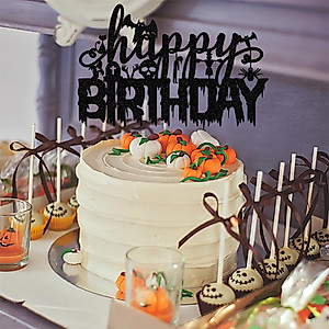 Black Glittery Halloween Happy Birthday Cake Topper Halloween Birthday Cake Picks with Bat Ghost Spider Signs Halloween Boys Girls Birthday Baby Shower Party Cake Supplies Decorations (1)