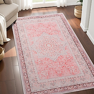 YIHOUSE Boho Distressed 4x6 Rug, Machine Washable Vintage Preppy Rugs 4x6, Low-Pile Non-Slip Throw Indoor Rug for Indoor Front Entrance, Kitchen, Bathroom, Playroom (Pink)