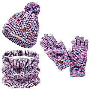Kids Winter Hat Gloves Scarf Set, Girls Boys Children Hats Beanie with Pom Knit Neck Warmer Gaiter Mittens Fleece Lined Set (Purple)