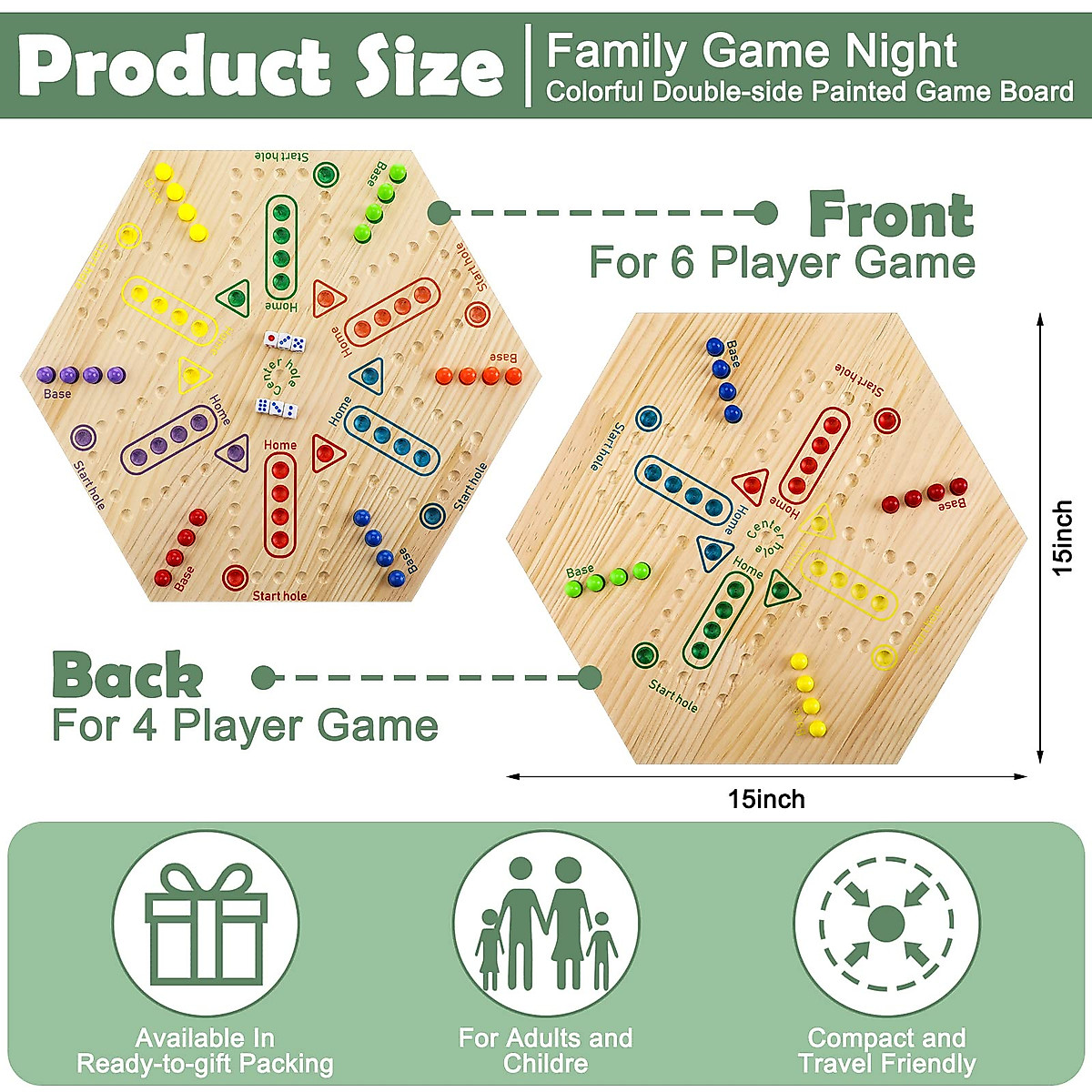 Kathfly Marble Board Game Wooden Wahoo Board Game Double Side Painted Board Game with 6 Colors 36 Marbles 6 Dice for Adults Family Night Game, 6 and 4 Player (Hexagonal)
