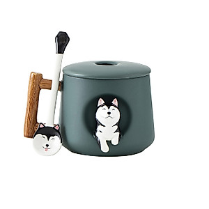 DIHOclub Ceramic Coffee Mug with Lid and Matching Spoon,Novelty 3D Husky Pattern Mug for Tea Milk Chocolate Juice,Cute Cup for Dog Lovers,Perfect Gifts-14 Ounces (green)