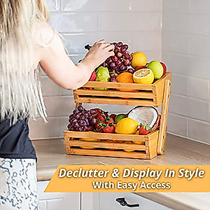 Golden Nature Bamboo Fruit Basket - 2 Tier Fruit Basket, Fruit Baskets For Kitchen Counter, Fruit Bowl, Fruit Stand, Banana Holder - Fruit Holder for Potato Storage, Onion Storage, Fruit & Veg Storage