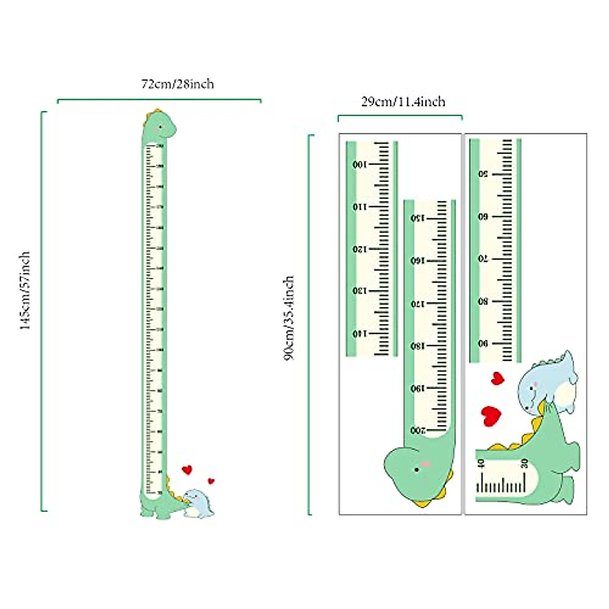 SUPERDANT 2 Sheets/Set Cartoon Height Growth Chart Wall Sticker Green Cute Cartoon Dinosaur Self-Adhesive Height Wall Decal for Play Room Nursery Bedroom Living Room Decor 35"x12"