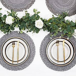 SHACOS Round Placemats Set of 6 Woven Round Table Mats 15 inch Braided Border Washable Cotton Polyester Circle Place Mats, Gray