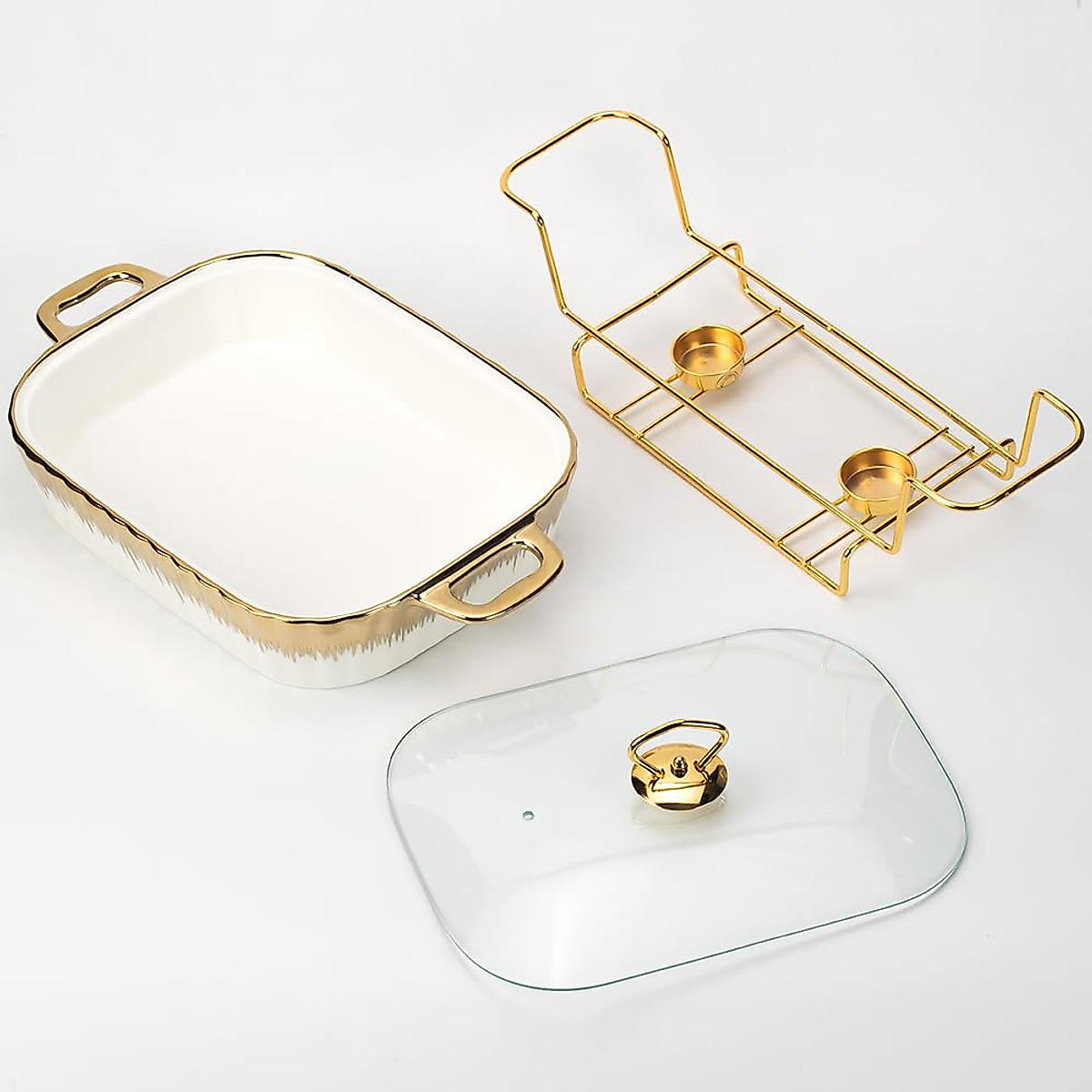 Durx-litecrete Role Warming Trays for Food, Ceramics Chafers, and Buffet Warmers Sets, Gold Plating Serving Dishes (Medium 1.9 quarts)