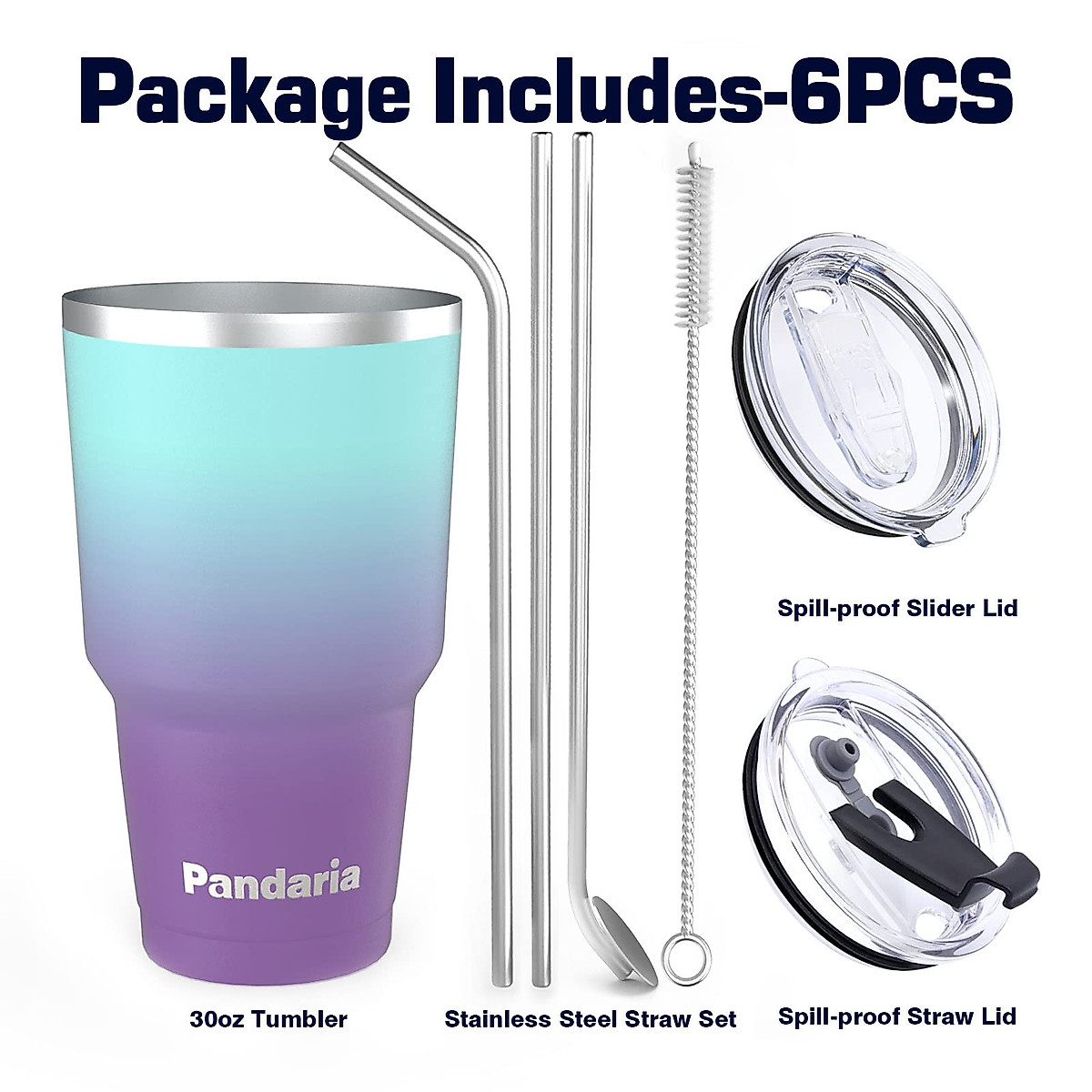 Pandaria 30 oz Insulated Tumblers with Lids and Straws, Double Wall Stainless Steel Tumbler with Straw, Reusable Spill Proof & Leak Proof Tumbler, Perfect for Iced Coffee, Tea & More, Sea