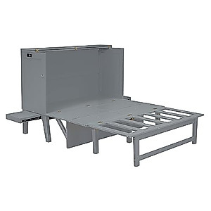 Harper & Bright Designs Full Size Murphy Bed with USB Port, Wooden Full Bed Frame with 2 Removable Desk, Foldable Cube Cabinet Full Platform Bed, Modern Murphy Bed for Guest Room Home Office, Gray