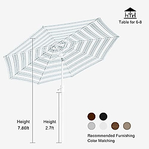 Tempera 9ft Striped Patio Umbrellas Outdoor Table Market Umbrellas with 2-year Nonfading Canopy, 8 Sturdy Ribs, Auto Tilt & Crank, Easy to set