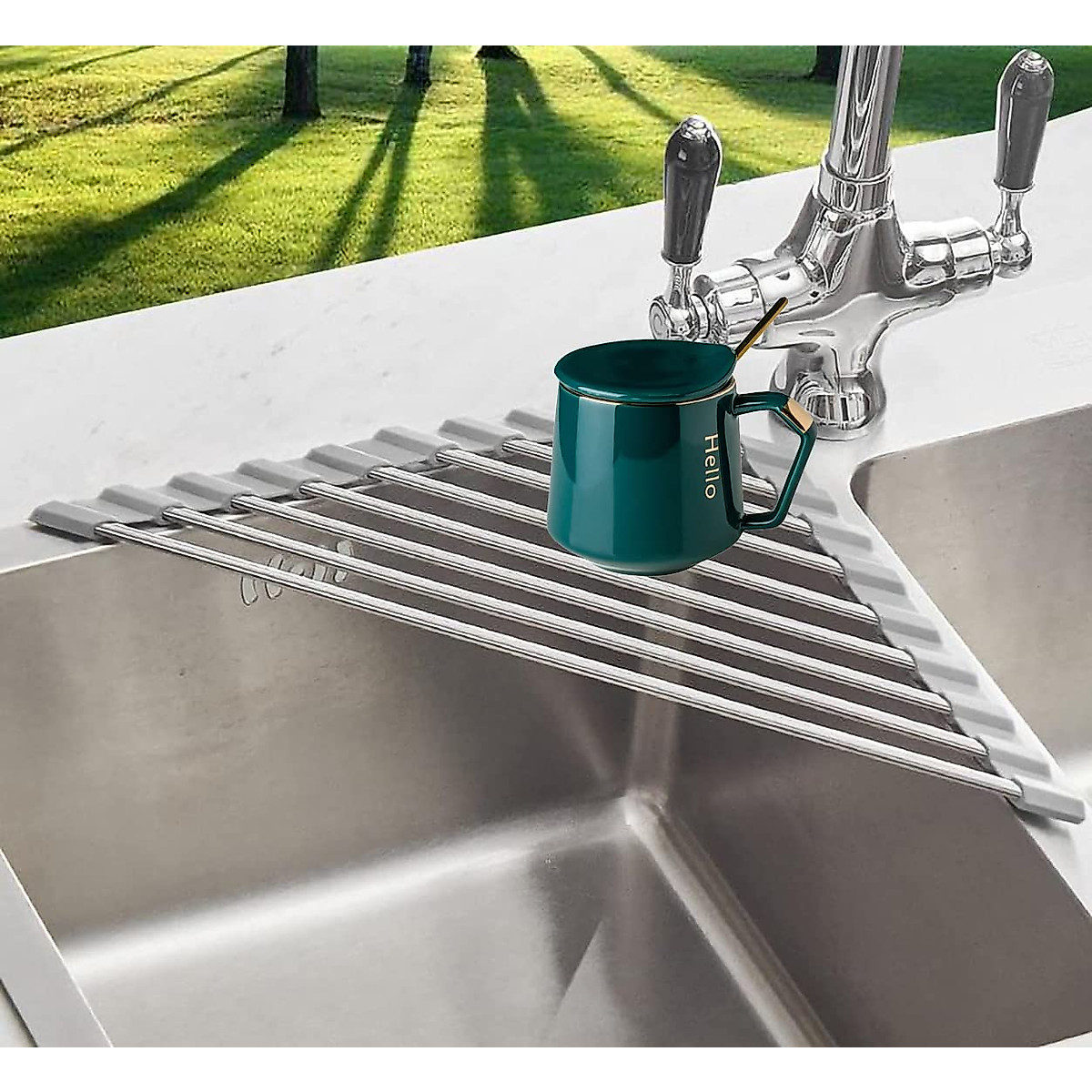 ALIMART Over the Sink Dish Drying Rack Roll Up and Triangle for Kitchen Corner Drainer Mat Foldable Stainless Steel (Triangle), Silver