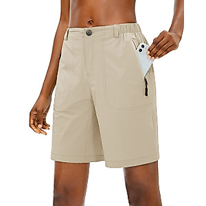 Pudolla Women's Quick Dry Stretch Hiking Shorts Lightweight UPF50+Shorts for Women with Zipper Pockets (Khaki Large)
