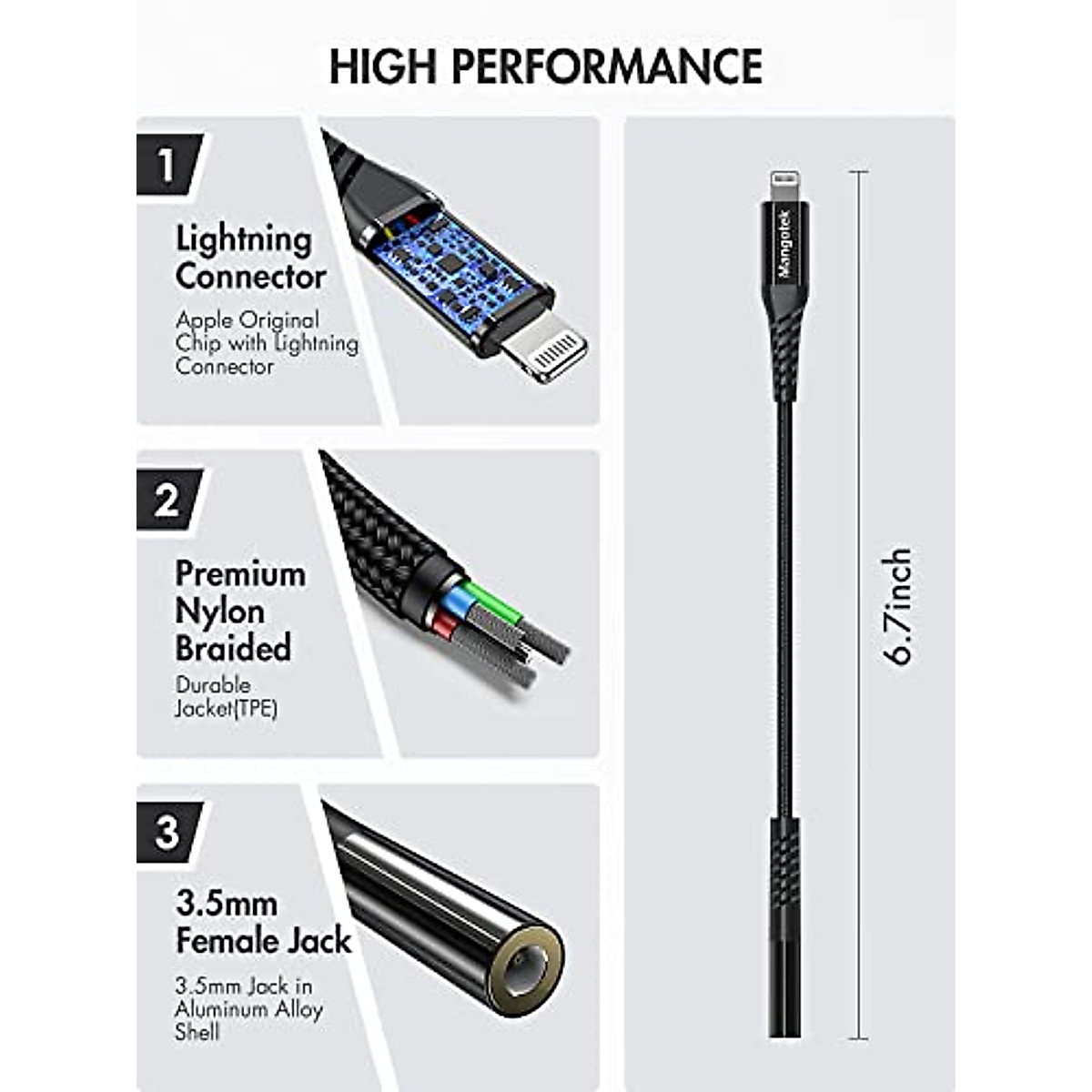 Mangotek Replacement for iPhone Headphones Adapter, Lightning to 3.5 mm Headphone Jack Adapter Audio Dongle Earphone Aux Adaptor for Apple iPhone 14 13 12 Pro Max Mini 11 SE 7 8 Plus X XS