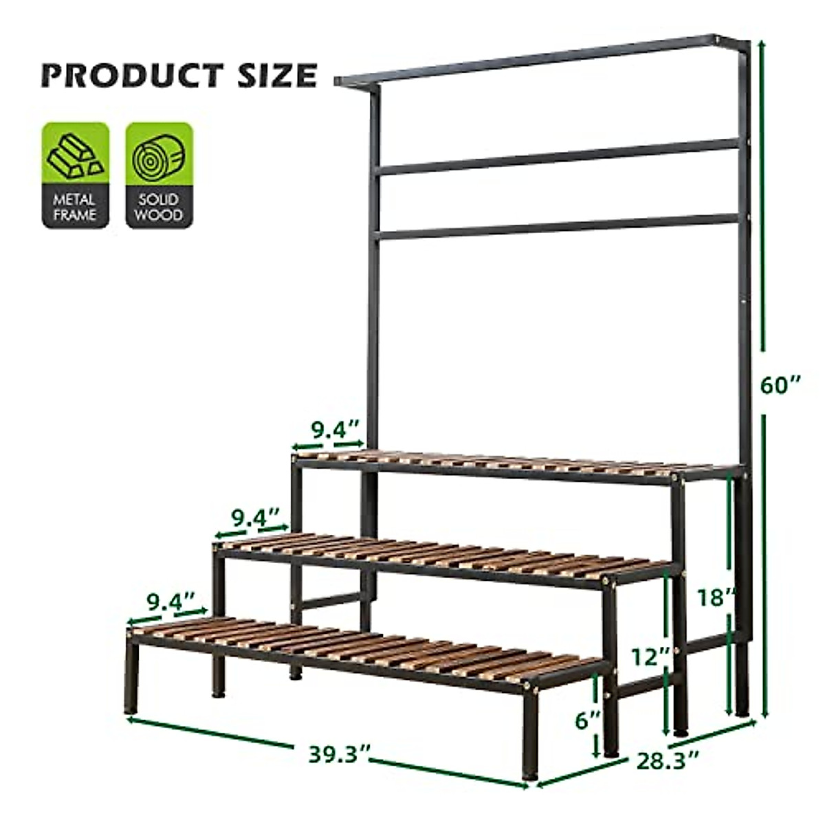NANKINGFANGAO 3 Tier Hanging Plant Stand Ladder Plant Shelf, Tall Plant Stand Outdoor Indoor Steel-Wood Plant Shelves Metal Frame, Suitable for Terrace Garden Corner Balcony, Living Room Storage