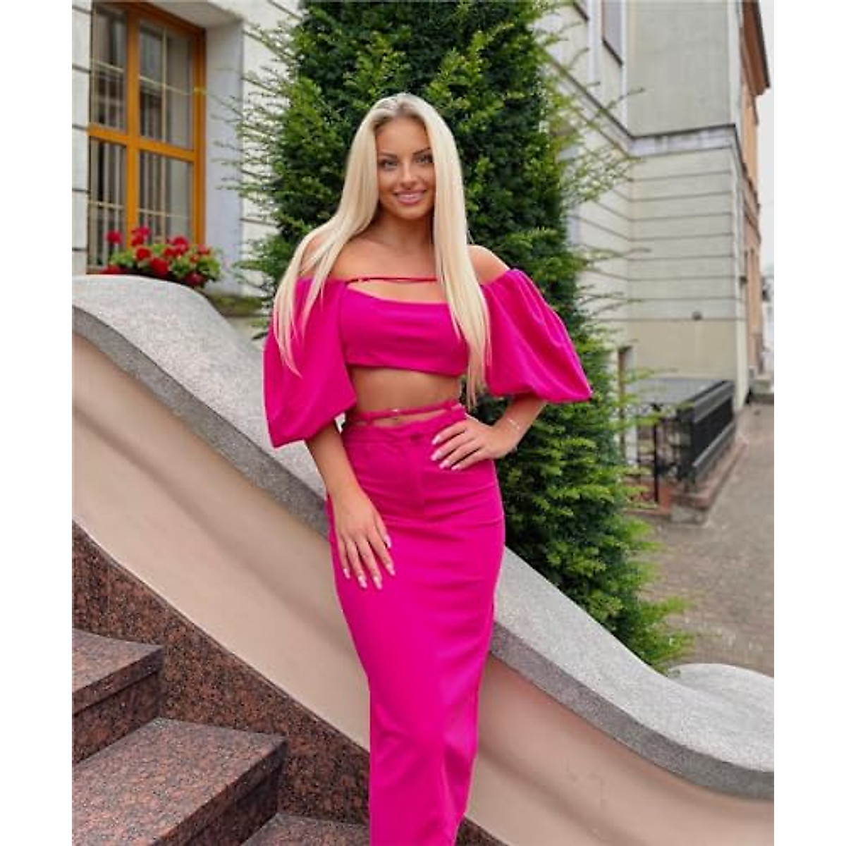 BELLA BARNETT Pink Two Piece Set for Women Puff Sleeve Dress Sexy Pink Cocktail Dress Women Corset Dress Pink Dress for Women