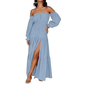 ZESICA Women's 2025 Boho Sexy Off Shoulder Long Sleeve Smocked High Waist Side Split Flowy A Line Tiered Long Maxi Dress,LightBlue,Medium