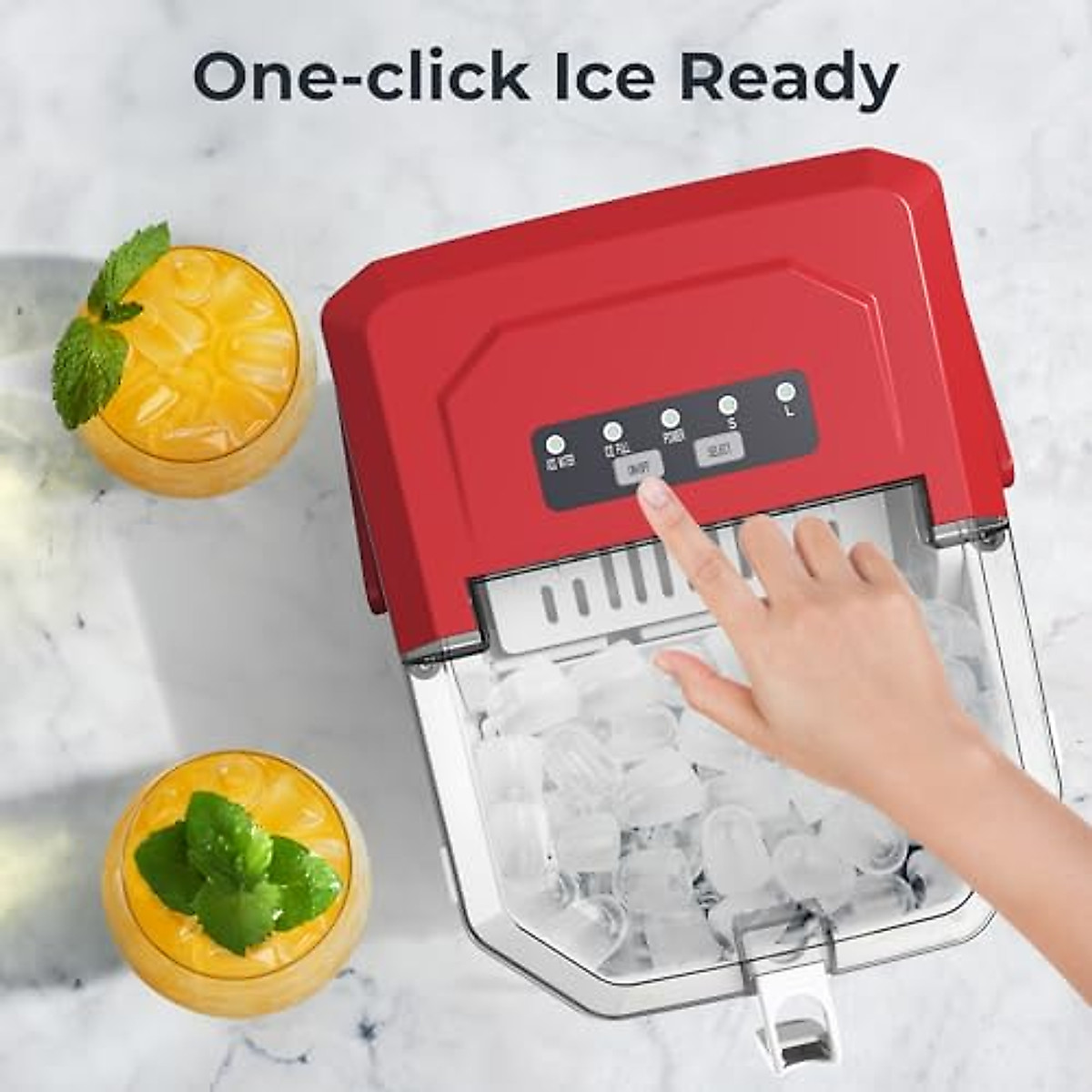 ZAFRO Ice Makers Countertop, 9 Cubes Ready in 6 Mins, Self-Cleaning Ice Machine with Detachable Double Handle and Anti-Hollowing Basket, 2 Size of Bullet Ice for Home Kitchen Office Bar Party, Red