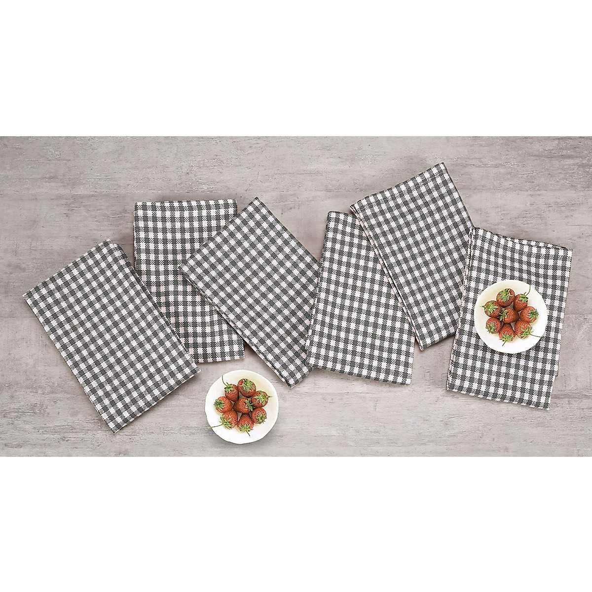 Native Fab 6 Pack Gingham Farmhouse Kitchen Dish Towels Cotton Absorbent Durable Washable 15x25 - Tea Towels, Dish Cloths, Restaurant Cleaning Towels, Kitchen Towels with Hanging Loop, Grey White