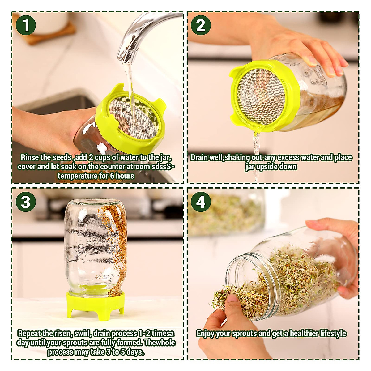 Sprouting Lids, Plastic Sprout Lid with Stainless Steel Screen for Wide Mouth Mason Jars, Germination Kit Sprouter Sprout Maker with Stand Water Tray Grow Bean Sprouts, Broccoli Seeds, Alfalfa, Salad