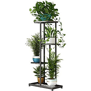 LINZINAR Plant Stand Metal 4 Tier 5 Potted Multiple Flower Pot Holder Shelf Indoor Outdoor Planter Display Shelving Unit for Patio Garden Corner Balcony Living Room (4 Tier 5 Potted, Dark Grey)