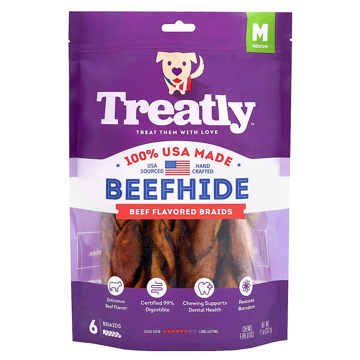 Treatly USA Beefhide Braids 7-8" Dog Chew Treats - Beef Flavor, 6 Count/1 Pack