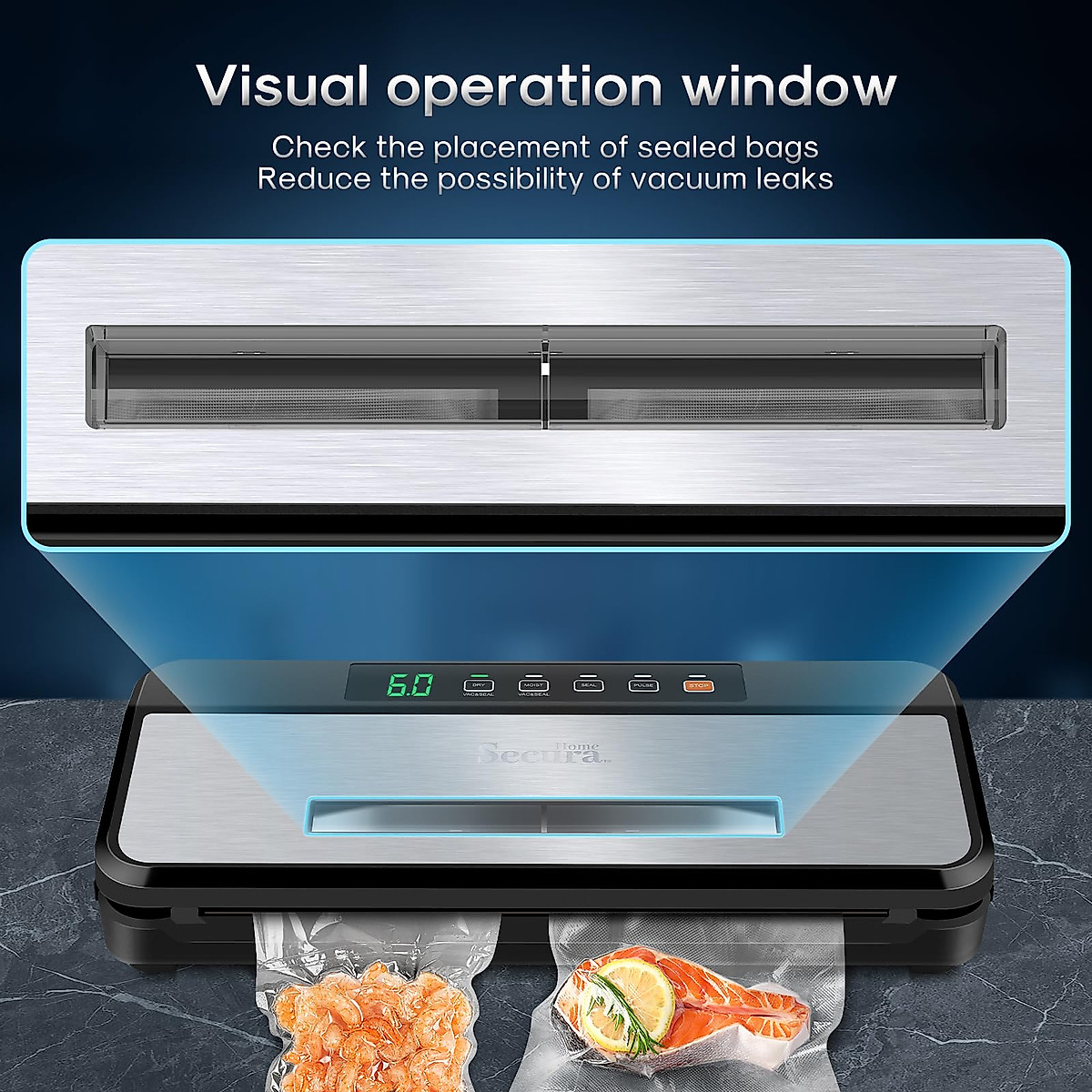 Secura Vacuum Sealer Saver Machine, Visual Operation Window Automatic Food Sealer with Built-in Cutter/Bag Storage/Air Suction Hose, 7-in-1 Easy Options for Food Storage and Saver
