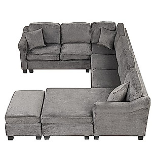 Elegant Sectional Sofa Couch with Movable Ottoman and Right Side Chaise Lounge ,U-Shaped Corner Velvet Upholstered Sectional & Couch W/ 3 Pillows for Home Office Apartment Living Room Furniture Sets