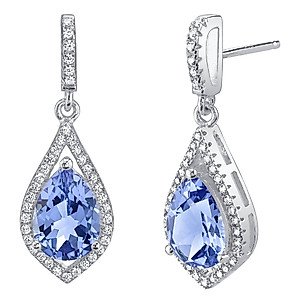 Peora Simulated Tanzanite Teardrop Earrings for Women 925 Sterling Silver, 4.75 Carats total Pear Shape 10x7mm, Friction Backs
