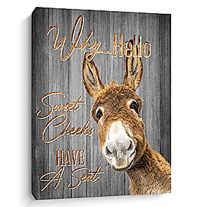 Donkey Bathroom Canvas Wall Art, Why Hello Sweet Cheeks Sign, Funny Animal Bathroom Picture for Wall, Wrapped Canvas Print Decor for Wall Washbasin Shelf, 10.6x13.7 Inch