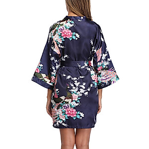 UrHot Women's Floral Kimono Satin Short Robe Peacock and Blossom Soft Bathrobe for Wedding Party Getting Ready
