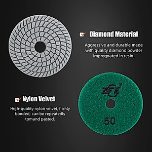Diamond Wet Polishing Pads Set, 5 inch 15Pcs Pads for Granite Stone Concrete Marble Floor Grinder or Polisher, 50#-6000# with Hook & Loop Backing Holder Pads for Wet Polisher