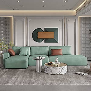JACH 145" Modular Leathaire Large Sectional Sofa with Chaise, L-Shaped Faux Leather 5 Seater Minimalist Couch, Modern Right Hand Facing Sectional Sofas with 3 Throw Pillows, Green