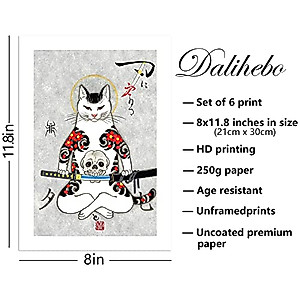 DALIHEBO Japanese Art Tattoo Cat Painting Wall Retro Art Poster Set of 6 Prints UNFRAMED (8x11.8 inch)