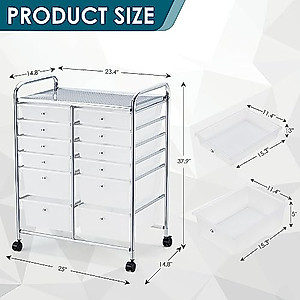 Homgava Rolling Storage Cart and Organizer with 12 Plastic Drawers-4 Lockable Casters for School Office Home Beauty Salon(White)
