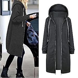 Zip Up Hoodies Women's Casual Long Tunic Sweatshirt Fall Winter Windproof Drawstring Hooded Jacket Outerwear with Pockets